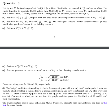 Solved Question 3 Let U and U, be two independent Unif[0, 1] | Chegg.com