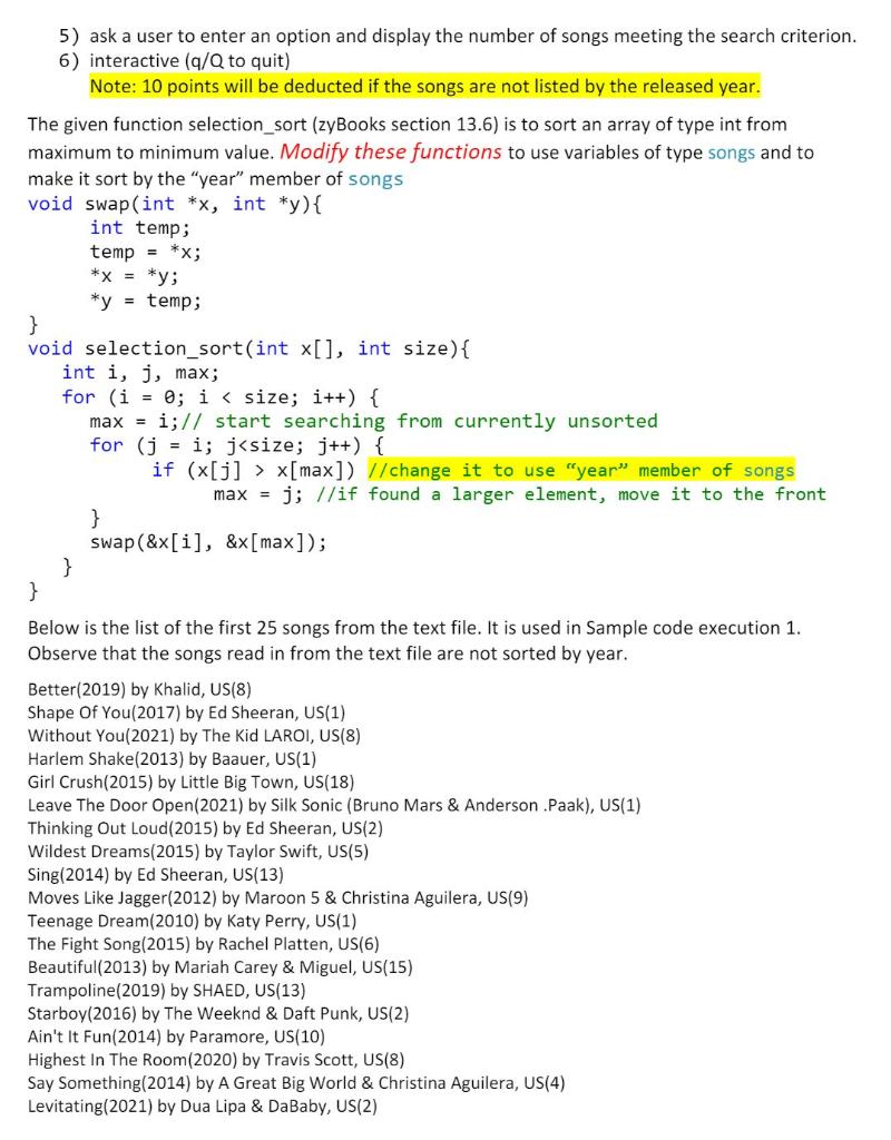 Problem 1(100 points) Songs database The song | Chegg.com