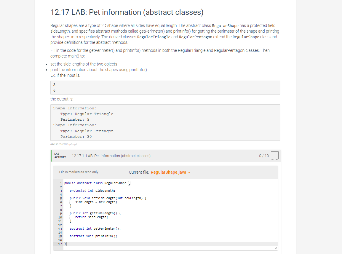 Solved 12.17 LAB: Pet information (abstract classes) Regular | Chegg.com