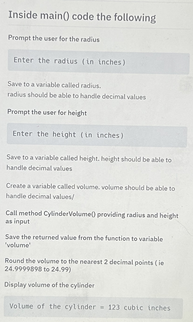 Goal: Calculate Cylinder Volume Steps Create a | Chegg.com