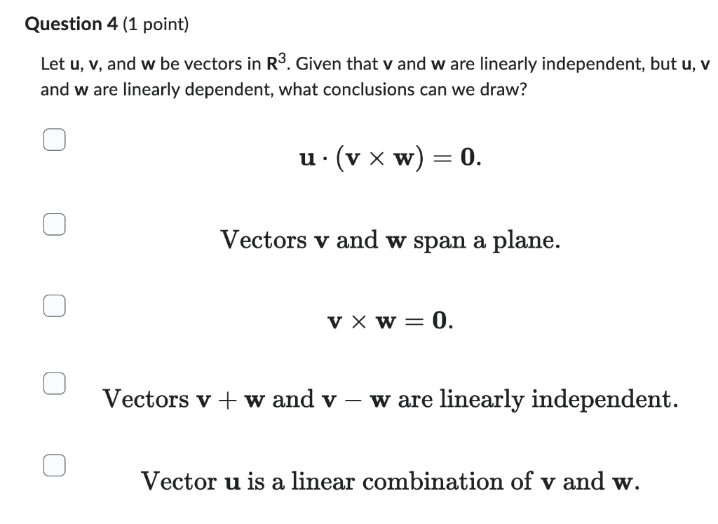 Solved Let u,v, and w be vectors in R3. Given that v and w | Chegg.com