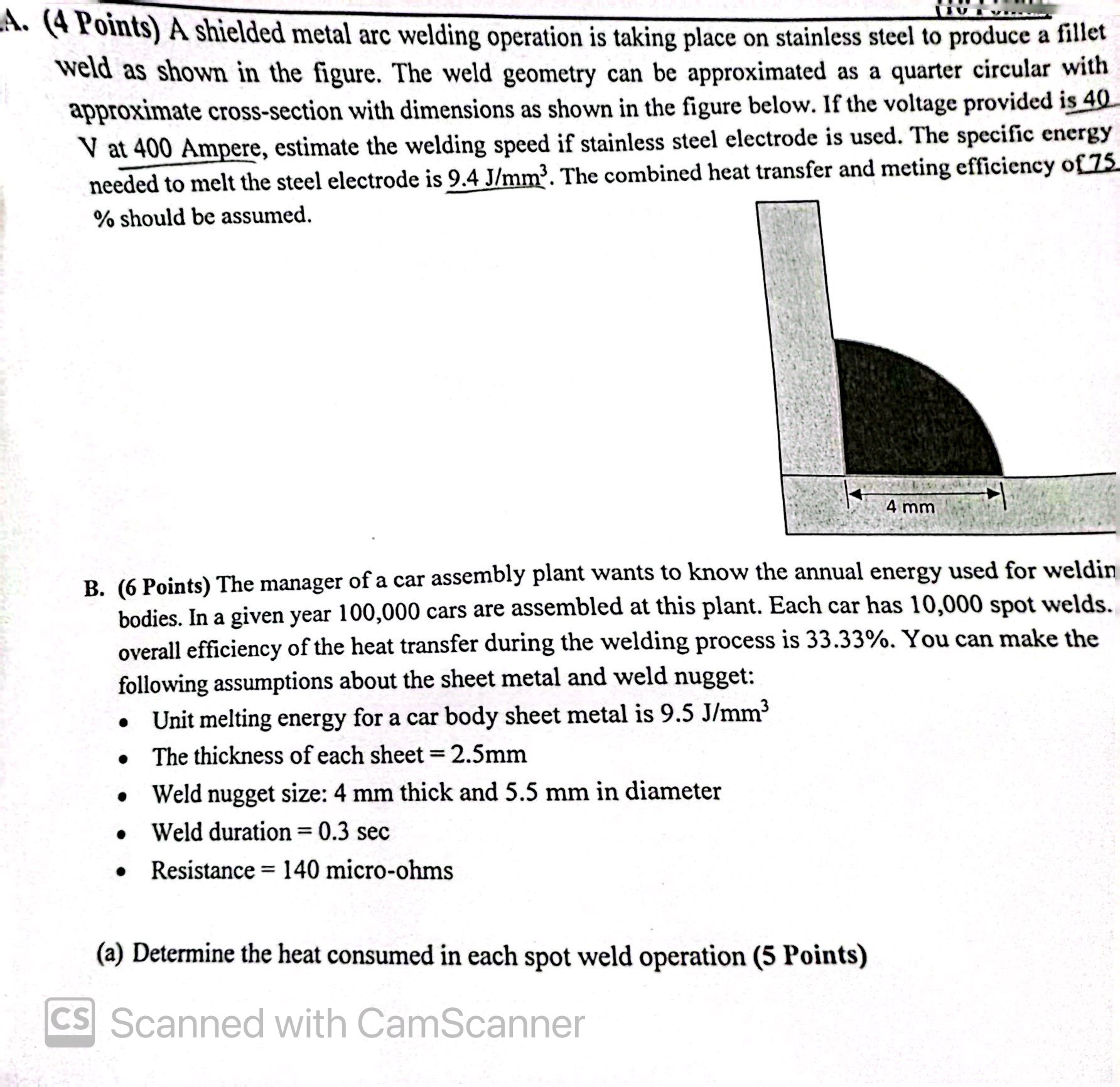 Solved (4 Points) A shielded metal arc welding operation is | Chegg.com