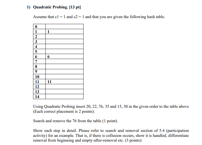 Solved 1) Quadratic Probing. [13 pt] Assume that cl = 1 and | Chegg.com