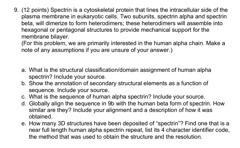 Solved 9. (12 points) Spectrin is a cytoskeletal protein | Chegg.com