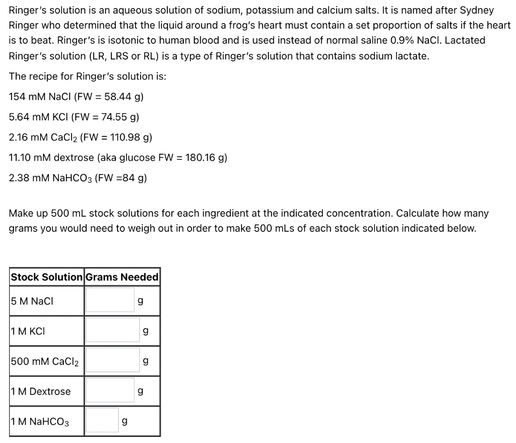 Solved Ringer's solution is an aqueous solution of sodium, | Chegg.com