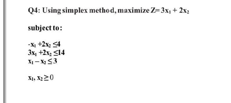 Solved Q4: Using simplex method, maximize Z=3x1 + 2x2 | Chegg.com