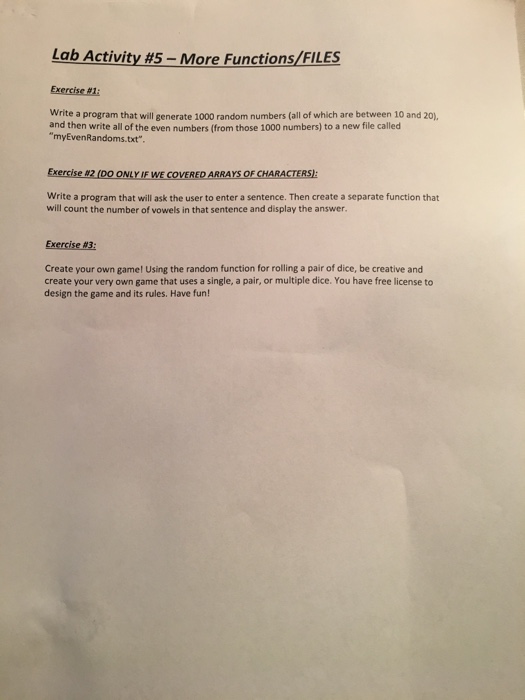 Solved Lab Activity #5-More Functions/FILES Exercise# Write | Chegg.com