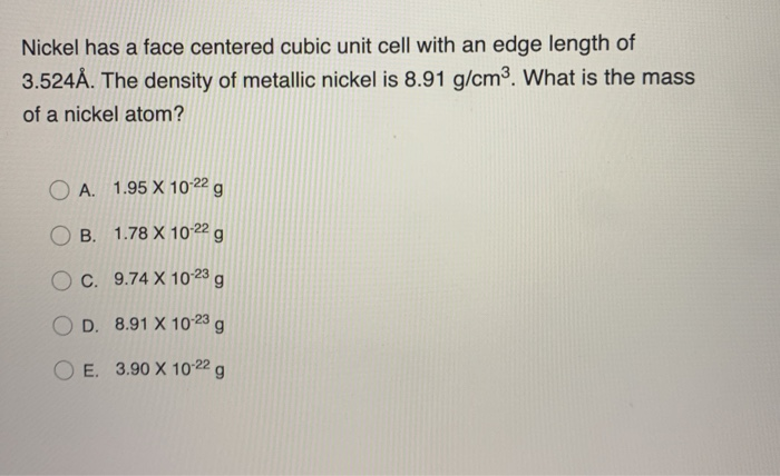 Solved Nickel has a face centered cubic unit cell with an | Chegg.com
