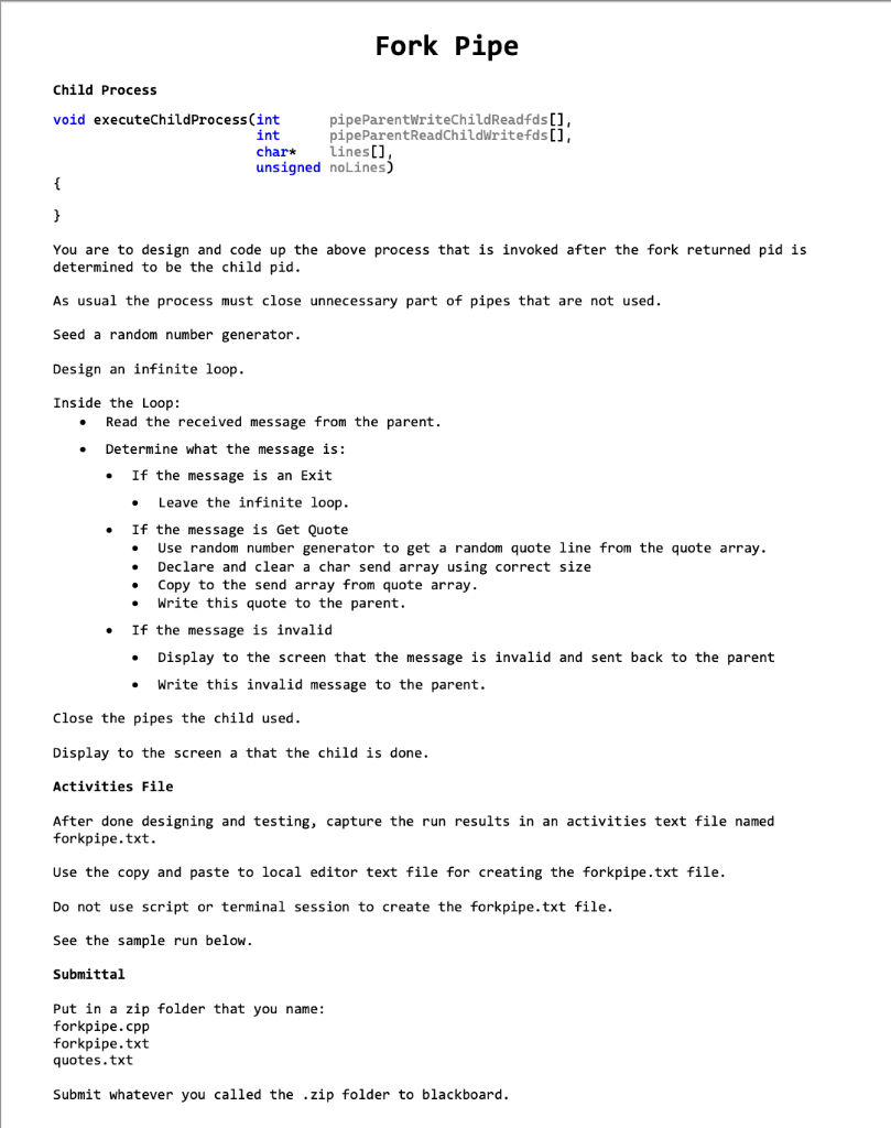 Fork Pipe This assignment gives the programmer | Chegg.com