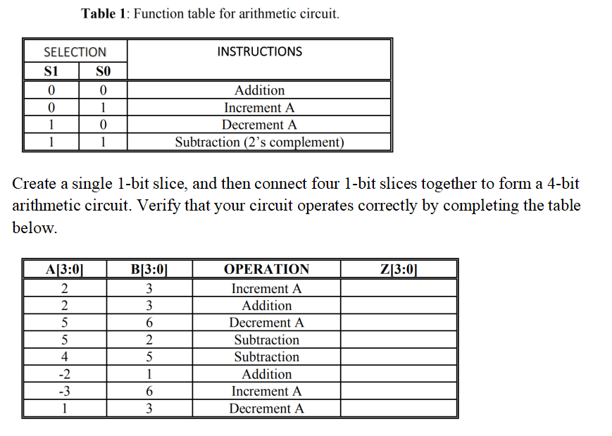 Solved Table 1 Function Table For Arithmetic Circuit