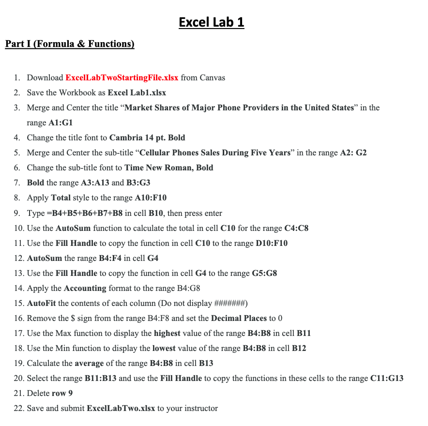 Excel Lab 1 Part I (Formula & Functions) 1. Download | Chegg.com