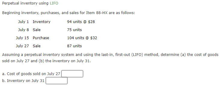 Solved Perpetual inventory using LIFO Beginning inventory, | Chegg.com