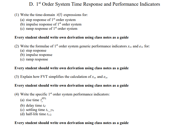 Solved D. 1st Order System Time Response and Performance | Chegg.com