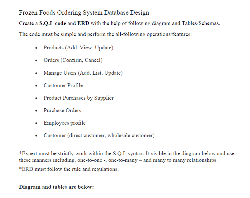 Solved Frozen Foods Ordering System Database Design Create a | Chegg.com