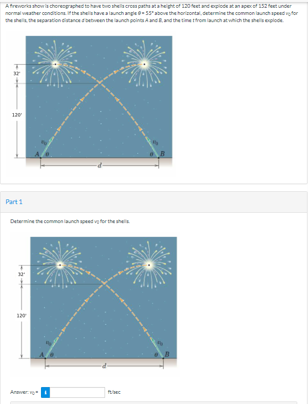 Solved A fireworks show is choreographed to have two shells | Chegg.com