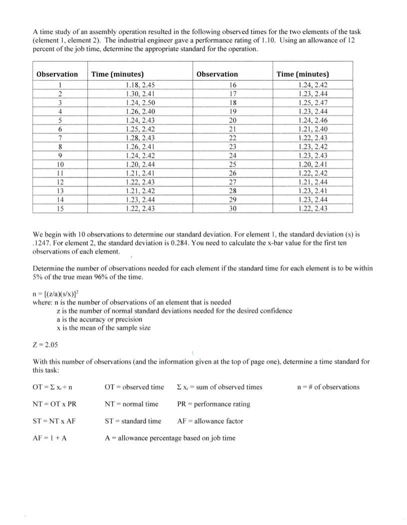 Solved A time study of an assembly operation resulted in the | Chegg.com