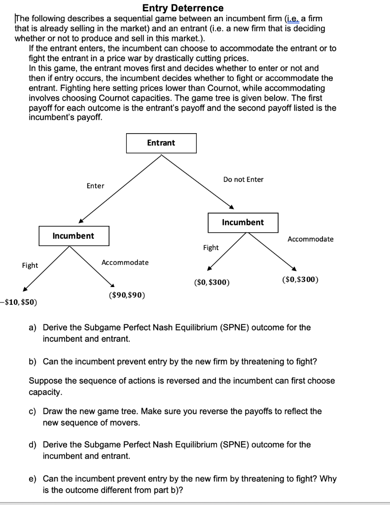 Solved Entry Deterrence The following describes a sequential | Chegg.com