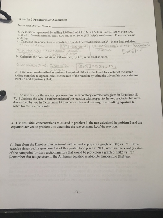 Solved Kineties 2 Prelaboratory Assignment Name and Drawer | Chegg.com