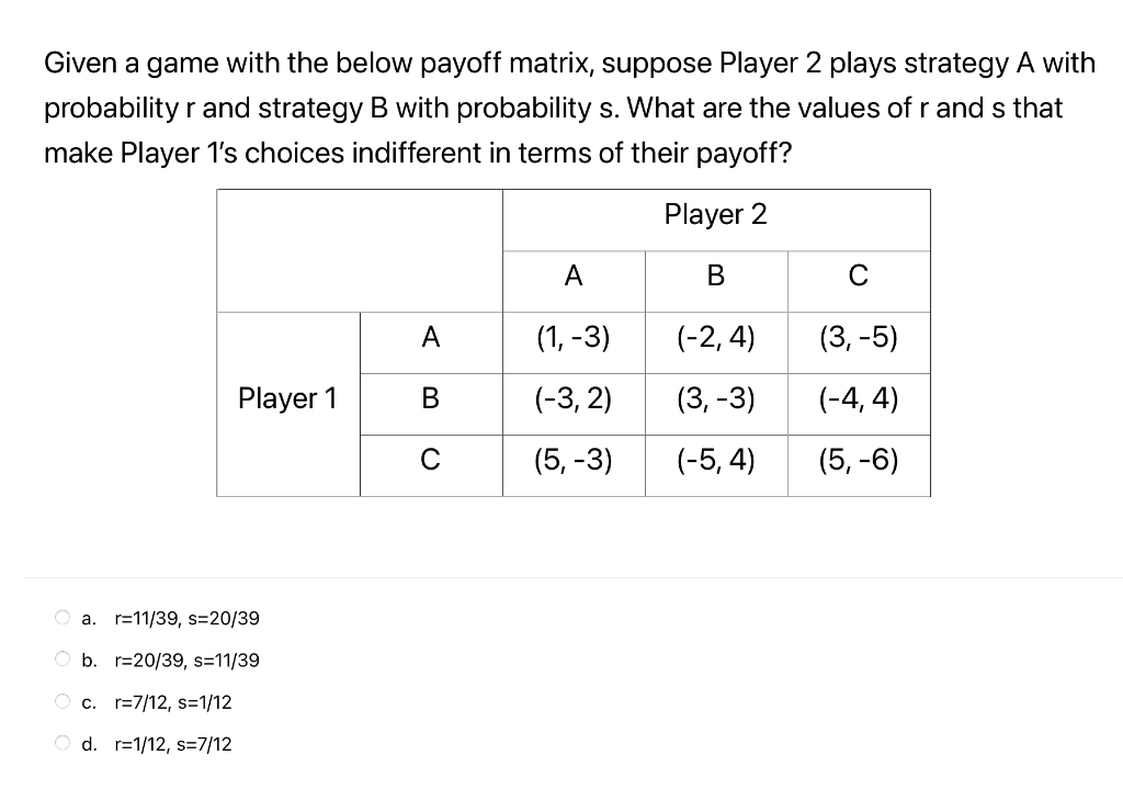 Solved Given a game with the below payoff matrix, suppose | Chegg.com