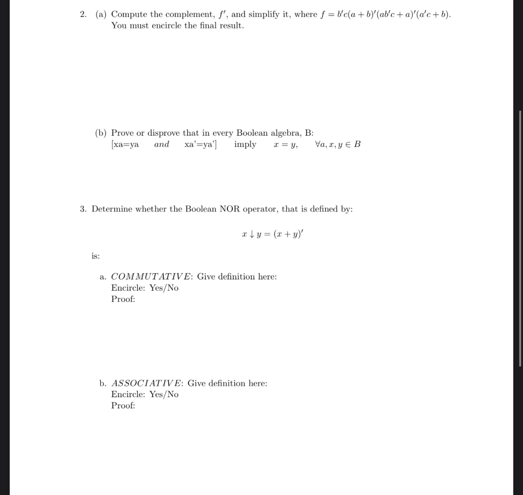 Solved 2. (a) Compute the complement, f', and simplify it, | Chegg.com