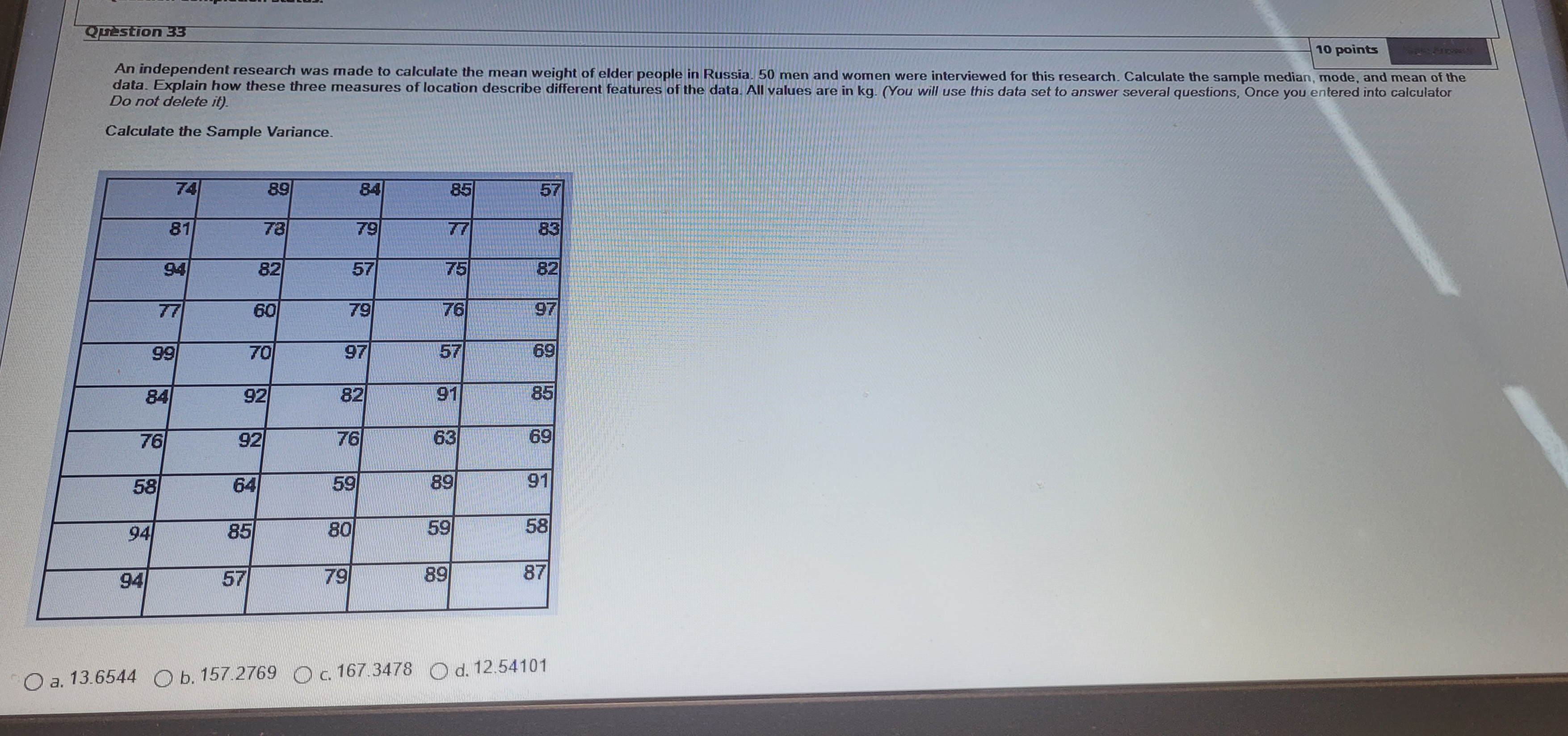 Solved Do not delete it). Calculate the Sample Variance. a. | Chegg.com