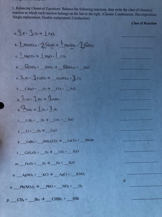 Solved 1.Balancing Chemical Equations. Balance the following | Chegg.com
