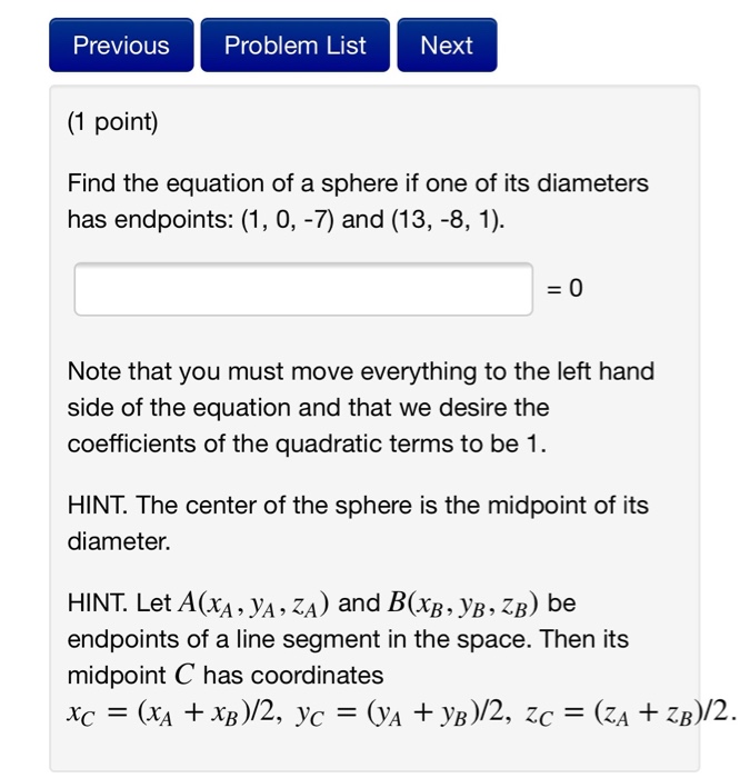 Solved Previous Problem List Next (1 point) Find the | Chegg.com