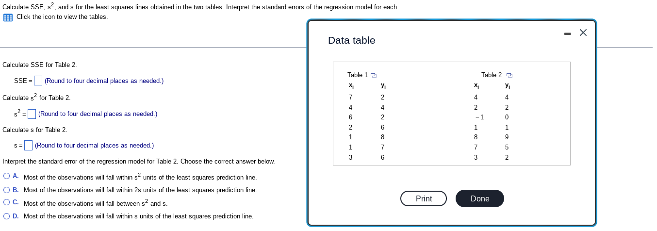 Solved Calculate SSE. s? and s for the least squares lines | Chegg.com