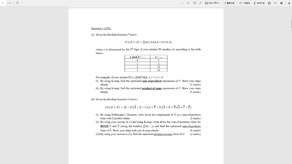 Solved Question 1 20 A Given The Boolean Function F Chegg