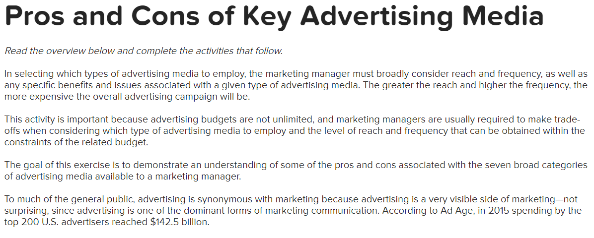 Solved Pros and Cons of Key Advertising MediaRead the | Chegg.com