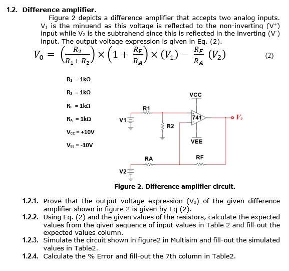 Solved 1.2. Difference amplifier. Figure 2 depicts a | Chegg.com