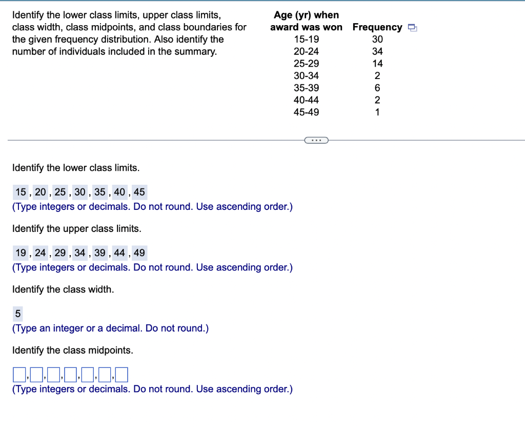 Solved Identify the lower class limits, upper class limits, | Chegg.com