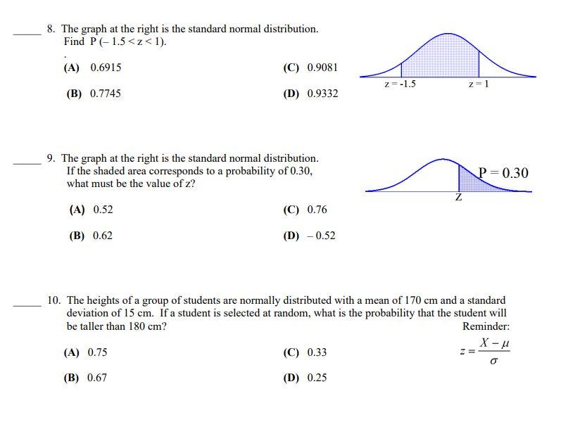 Solved 8. The graph at the right is the standard normal | Chegg.com