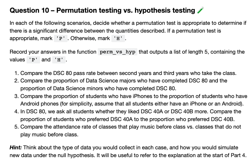 Solved Question 10 - Permutation testing vs. hypothesis | Chegg.com