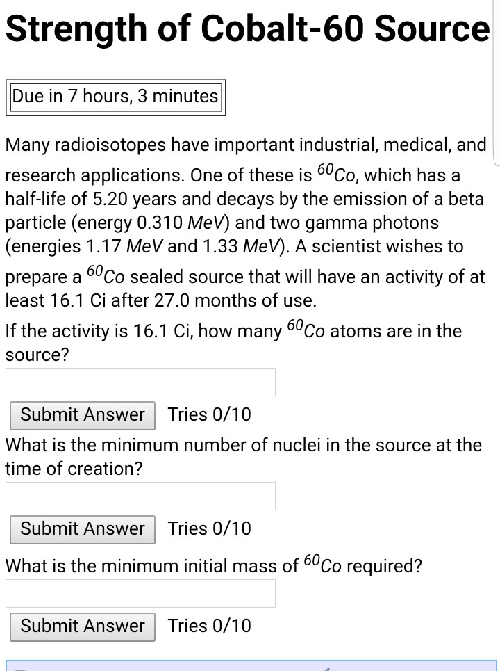 Solved Strength of Cobalt-60 Source Due in 7 hours, 3 | Chegg.com