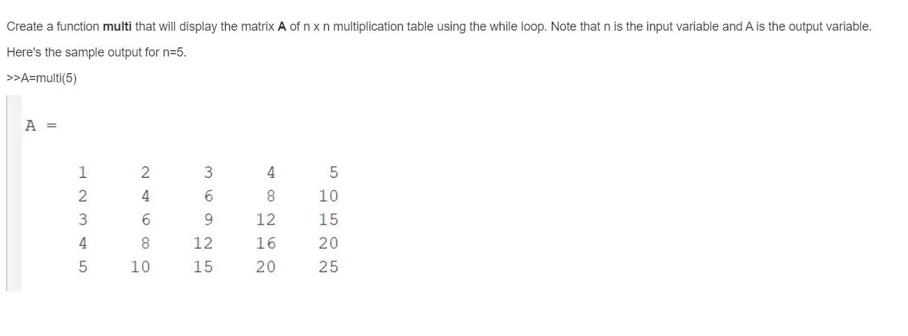 Solved Create a function multi that will display the matrix | Chegg.com
