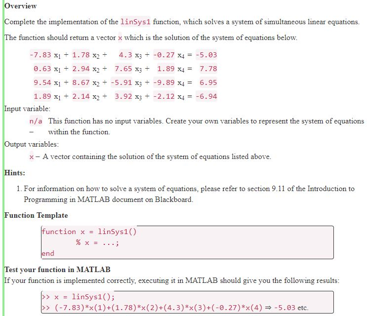 Solved Overview Complete the implementation of the linSys1 | Chegg.com