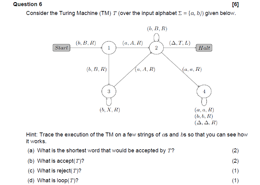 Solved Question 6 [6] Consider the Turing Machine (TM) T | Chegg.com