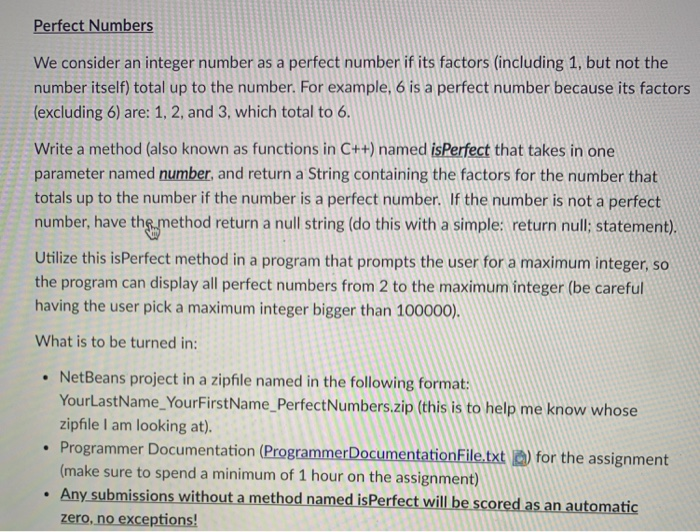 Solved Perfect Numbers We consider an integer number as a | Chegg.com