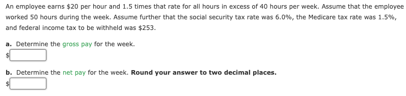 Solved An employee earns $20 per hour and 1.5 times that | Chegg.com Solved An employee earns $20 per hour and 1.5 times that | Chegg.com