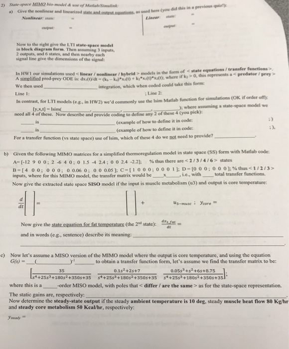 State-space MIMO bio-model & use of Matlab/Simulink | Chegg.com