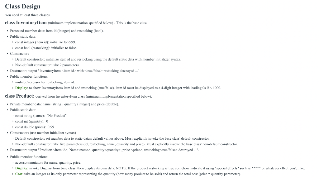 Solved Program Specifications Develop an inventory | Chegg.com