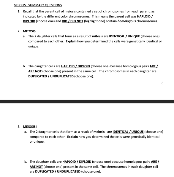 Solved MEIOSIS I SUMMARY QUESTIONS 1. Recall that the parent | Chegg.com