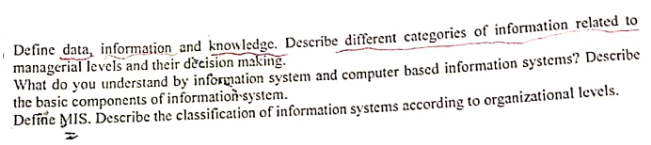 Solved Define data, information and knowledge. Describe | Chegg.com
