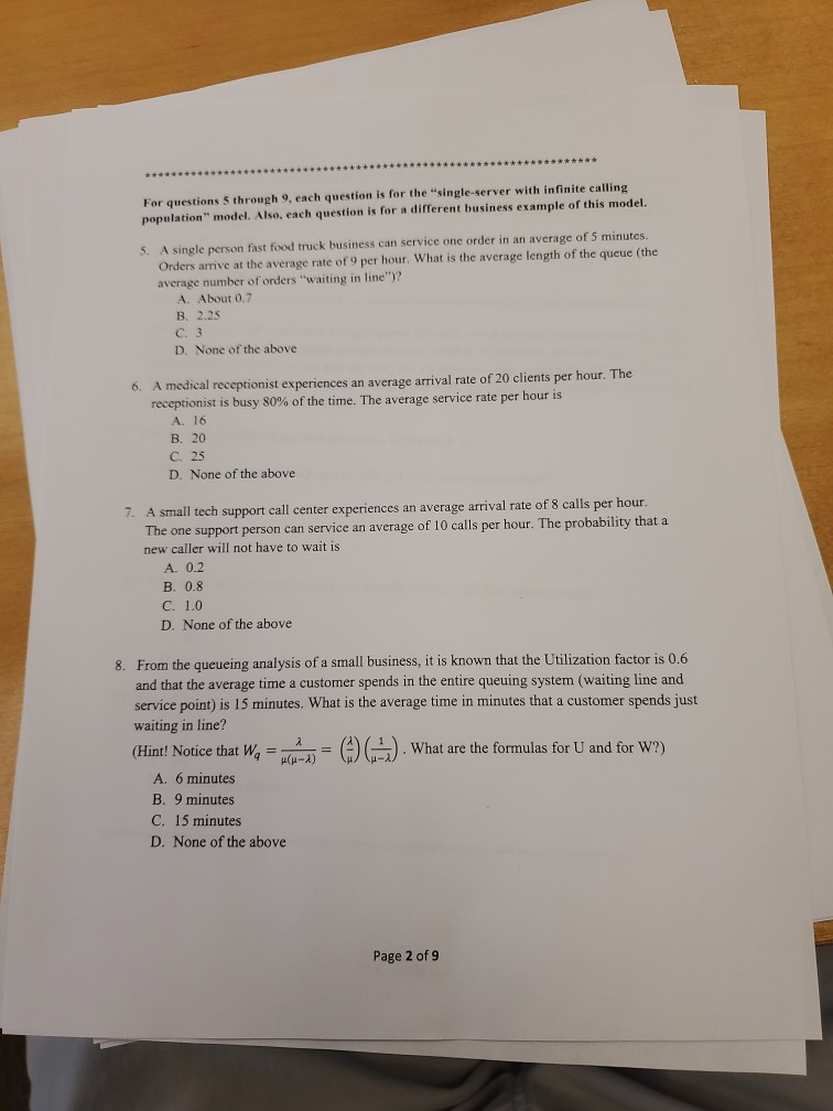 Solved For questions 5 through 9, each question is for the | Chegg.com