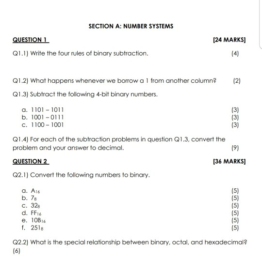 Solved SECTION A: NUMBER SYSTEMS QUESTION1 [24 MARKS] Q1.1) | Chegg.com