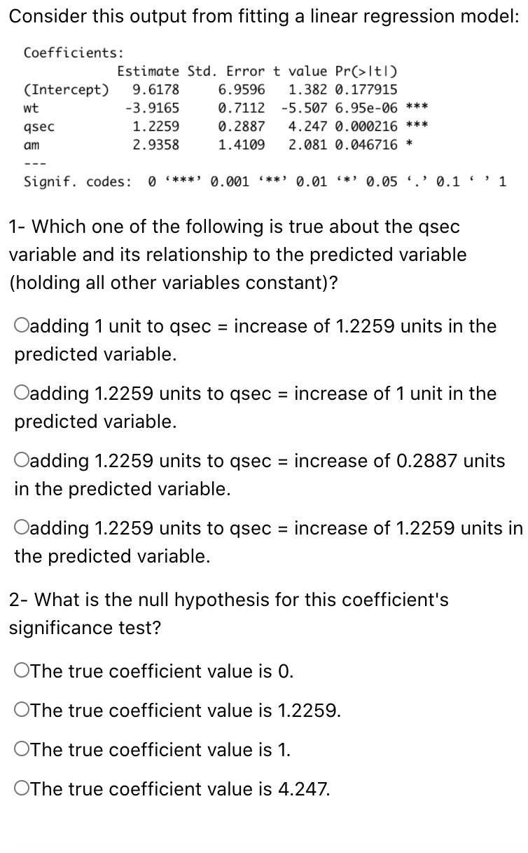 Solved Consider This Output From Fitting A Linear Regression
