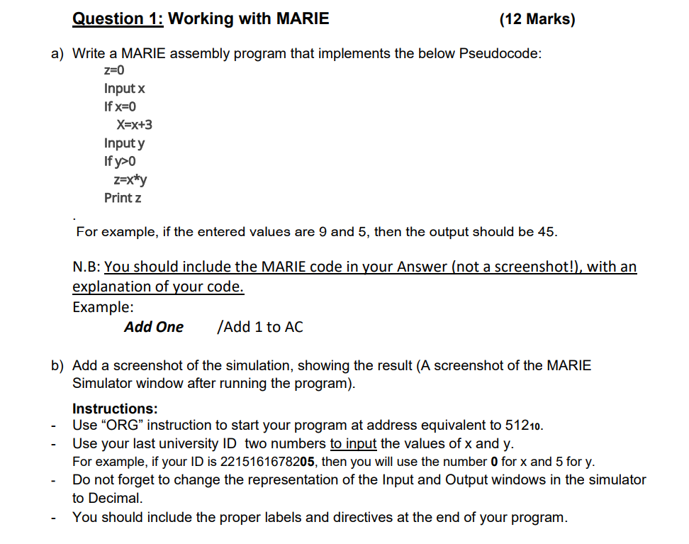Solved Question 1: Working with MARIE (12 Marks) a) Write a | Chegg.com