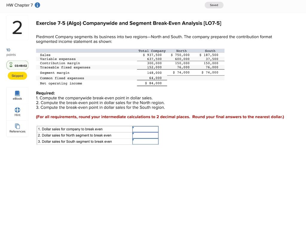 Solved Exercise 7-5 (Algo) Companywide and Segment | Chegg.com