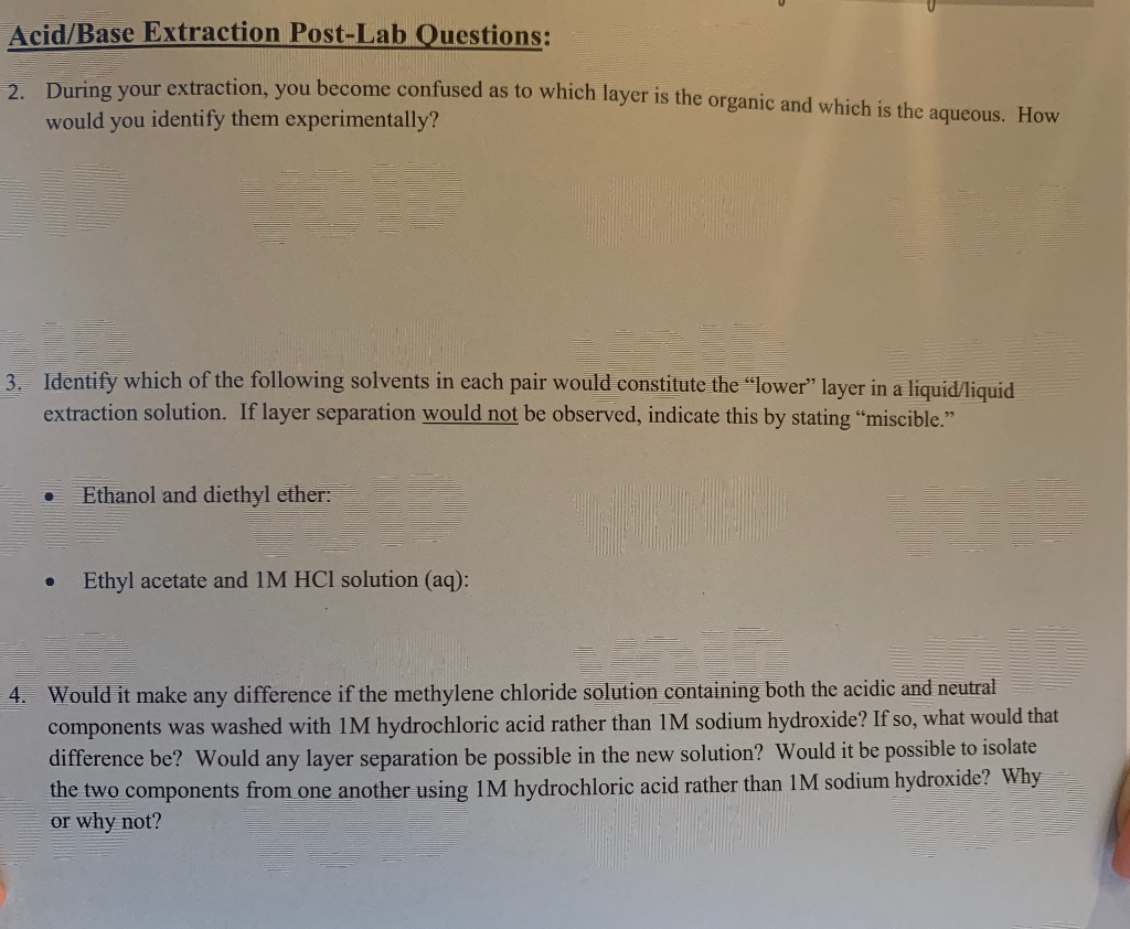 Solved Acid/Base Extraction Post-Lab Questions: our | Chegg.com